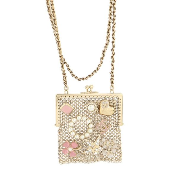 CHANEL | Jewelry | Chanel Frame Pouch Chain Necklace Embellished Metal ...